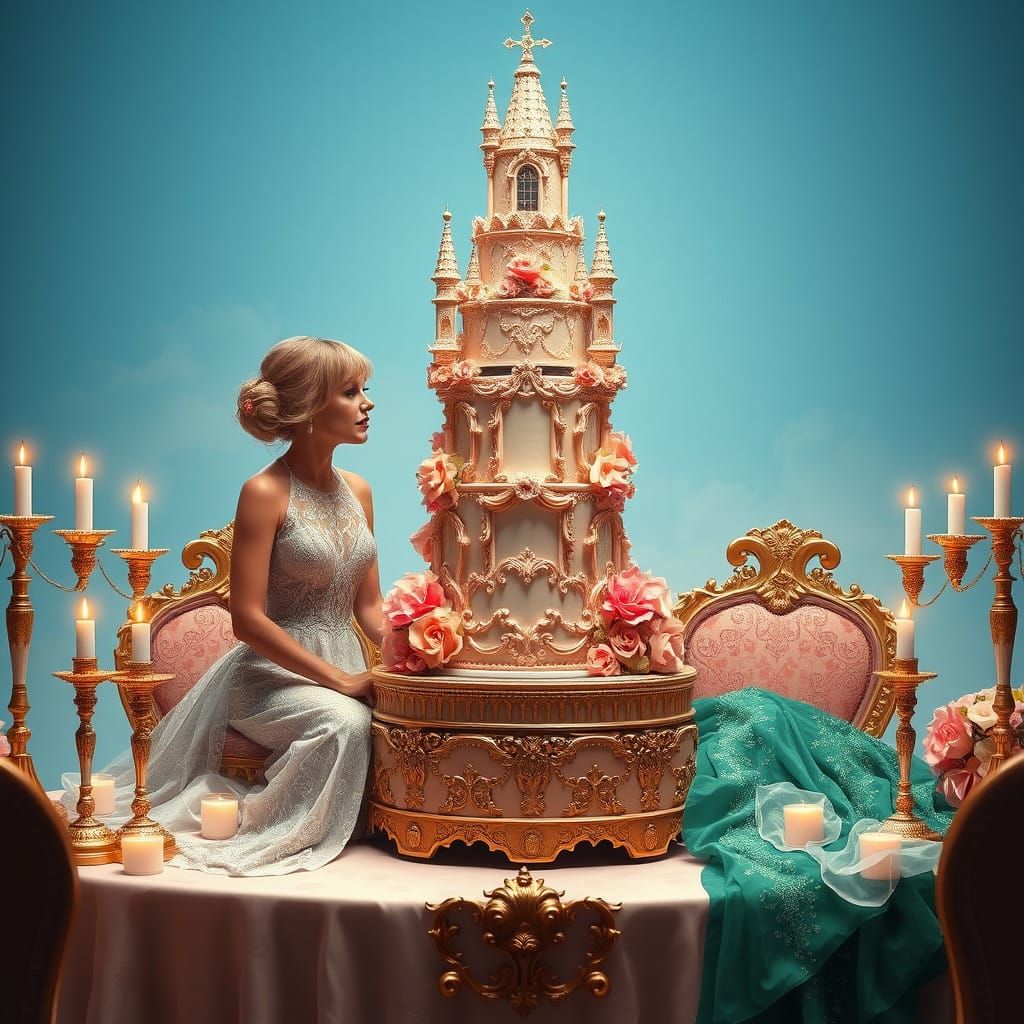 Elegant Singers Admire Lavish Birthday Cake in Fan... - AI Art