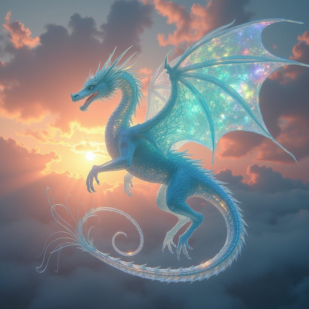 Radiant Glass Dragon soars through Sunset Sky with... - AI Art