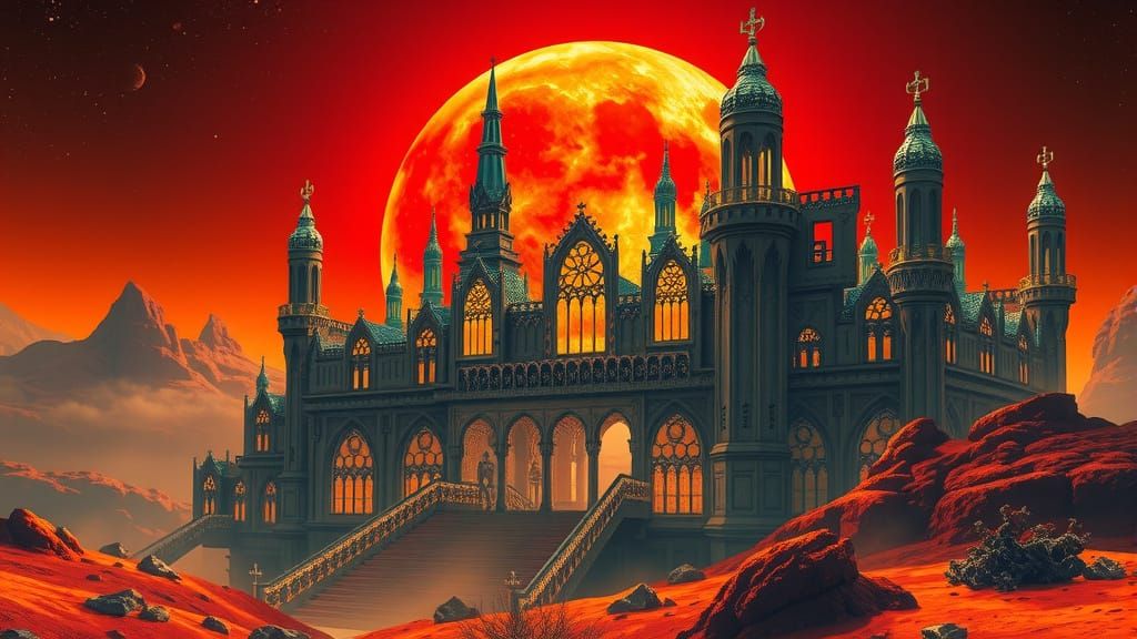 Majestic Alien Cathedral Library on Distant Planet... - AI Art