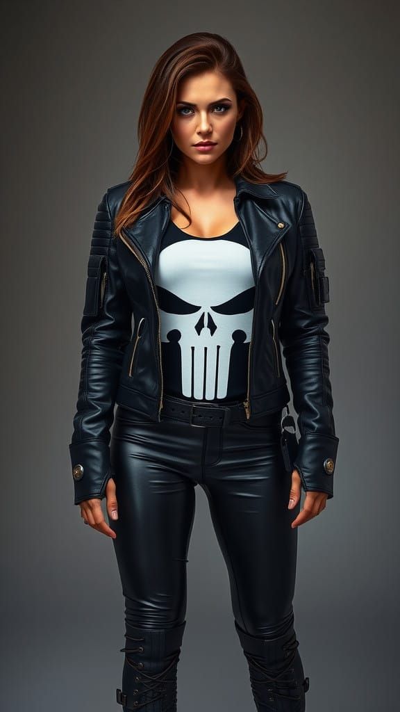 female dressed as character (("The Punisher")), looking at viewer ...
