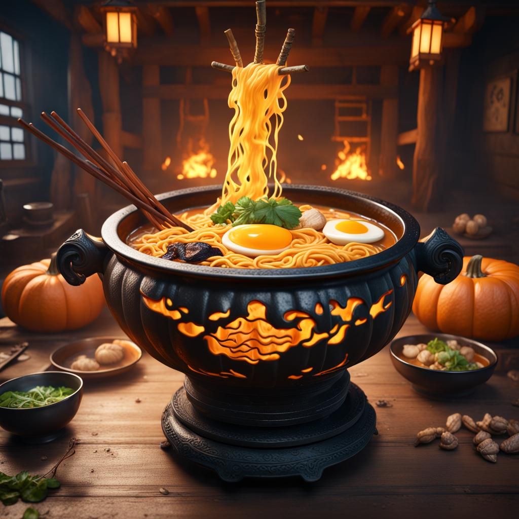 A bowl of Japanese pumpkin ramen served in a witches cauldron - AI ...