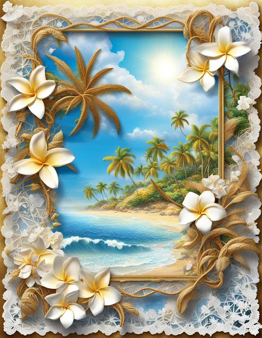 exquisite vintage scrapbook, white lace filigram page, inside a frame a ...