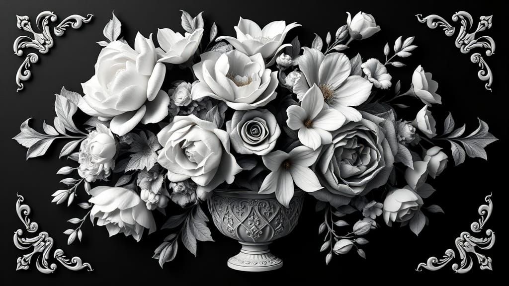 High-contrast 3D relief of an intricately detailed bouquet of flowers ...