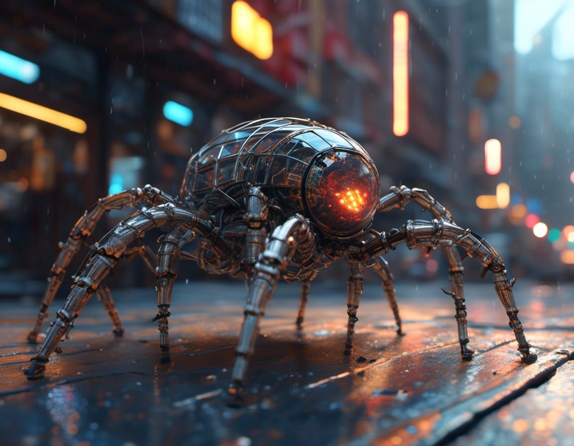 Cyborg tarantula with glass skin, spinning a metal web, intricate mech ...