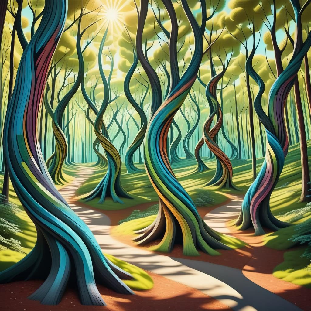 Colorful whimsical optical illusion bent twisted trees in sunny forest ...
