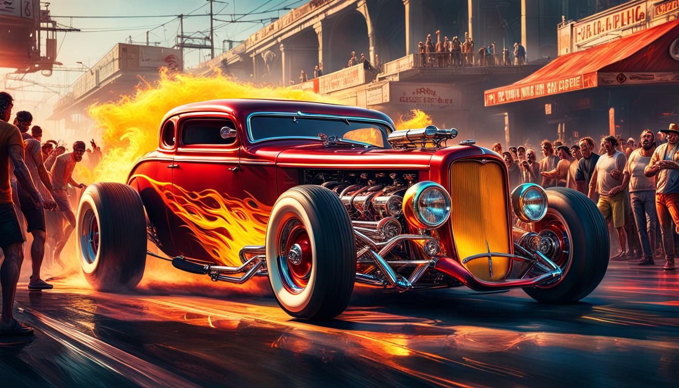 Hyperrealistic Red and yellow hot rod with iridescent flaming paint ...