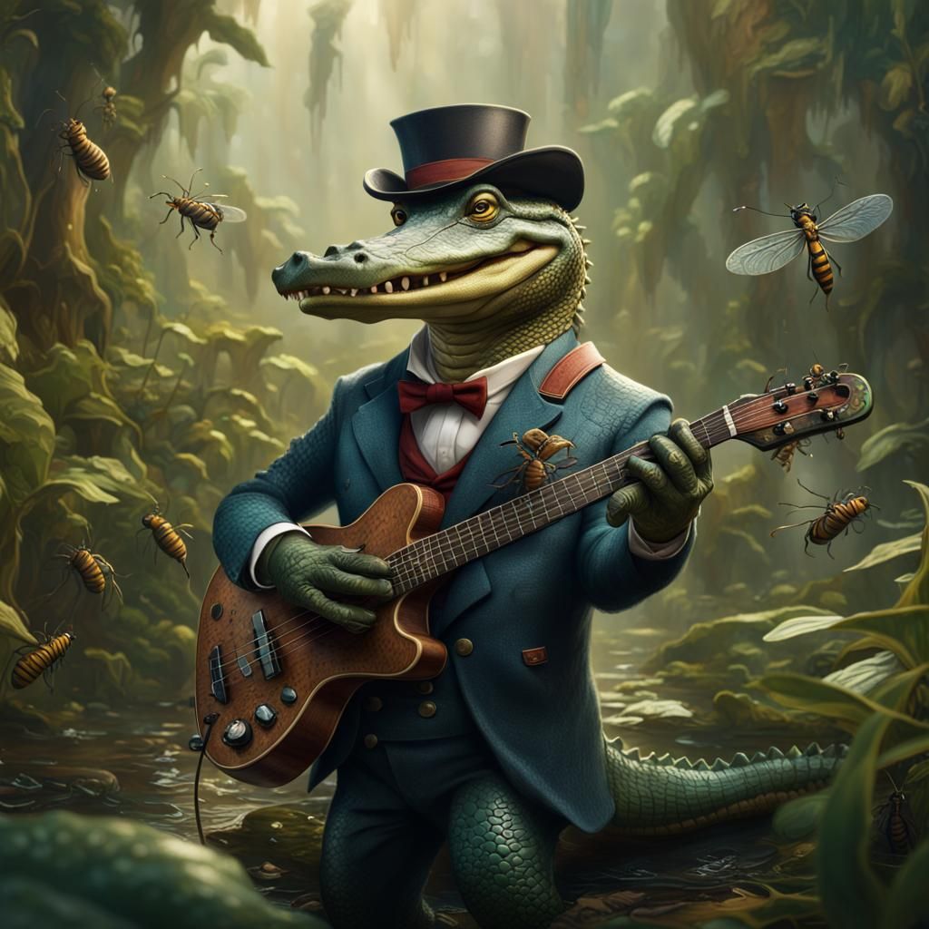An alligator conductor leading an insect orchestra - AI Generated ...