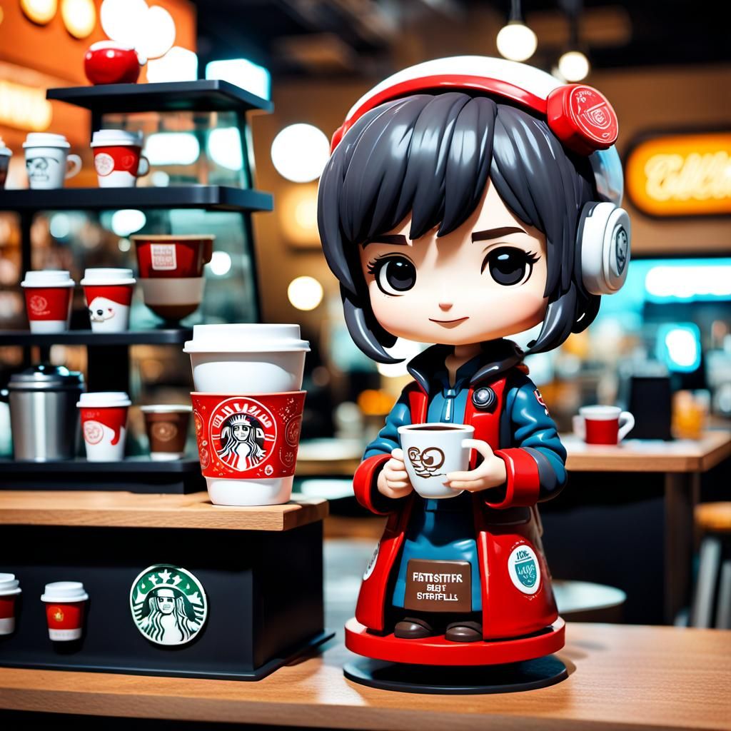 A Cute adorable happy chibi time traveler barista bobblehead, with an ...