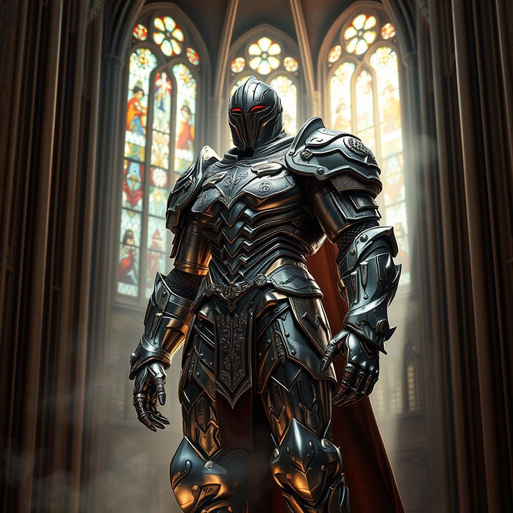 Cybernetic Knight Guards Gothic Cathedral in Splen... - AI Art