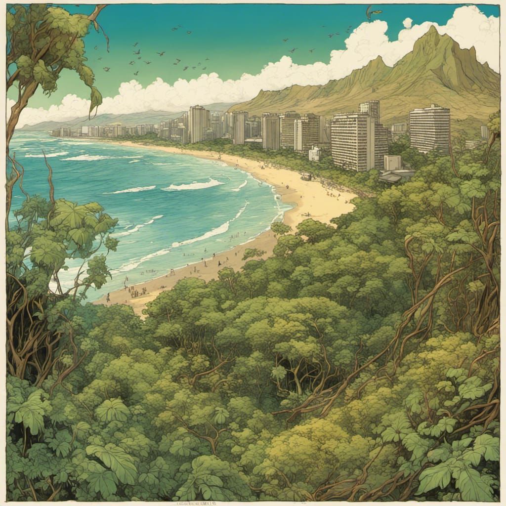 Post-apocalyptic Honolulu. Wailuku beach overgrown with foliage. by ...