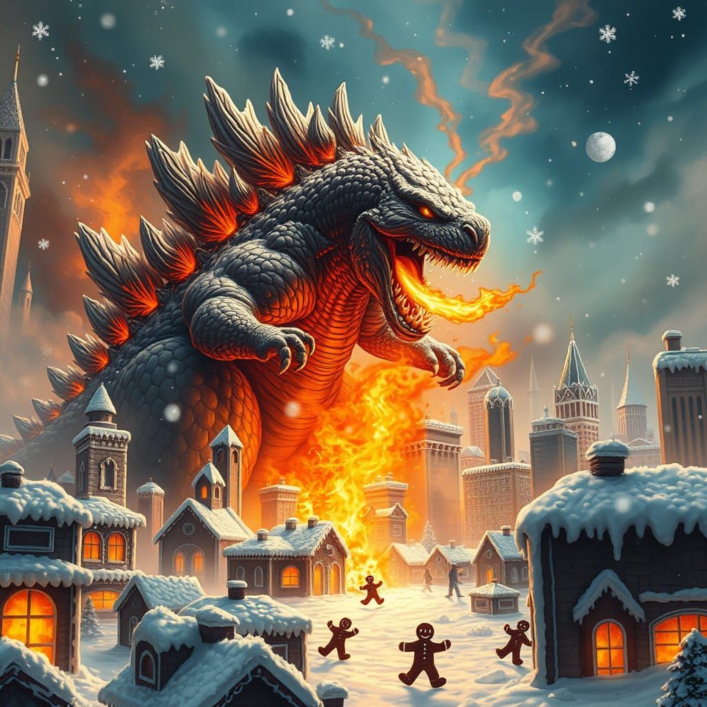 A fantastically detailed Godzilla in a rage of anger and destruction ...