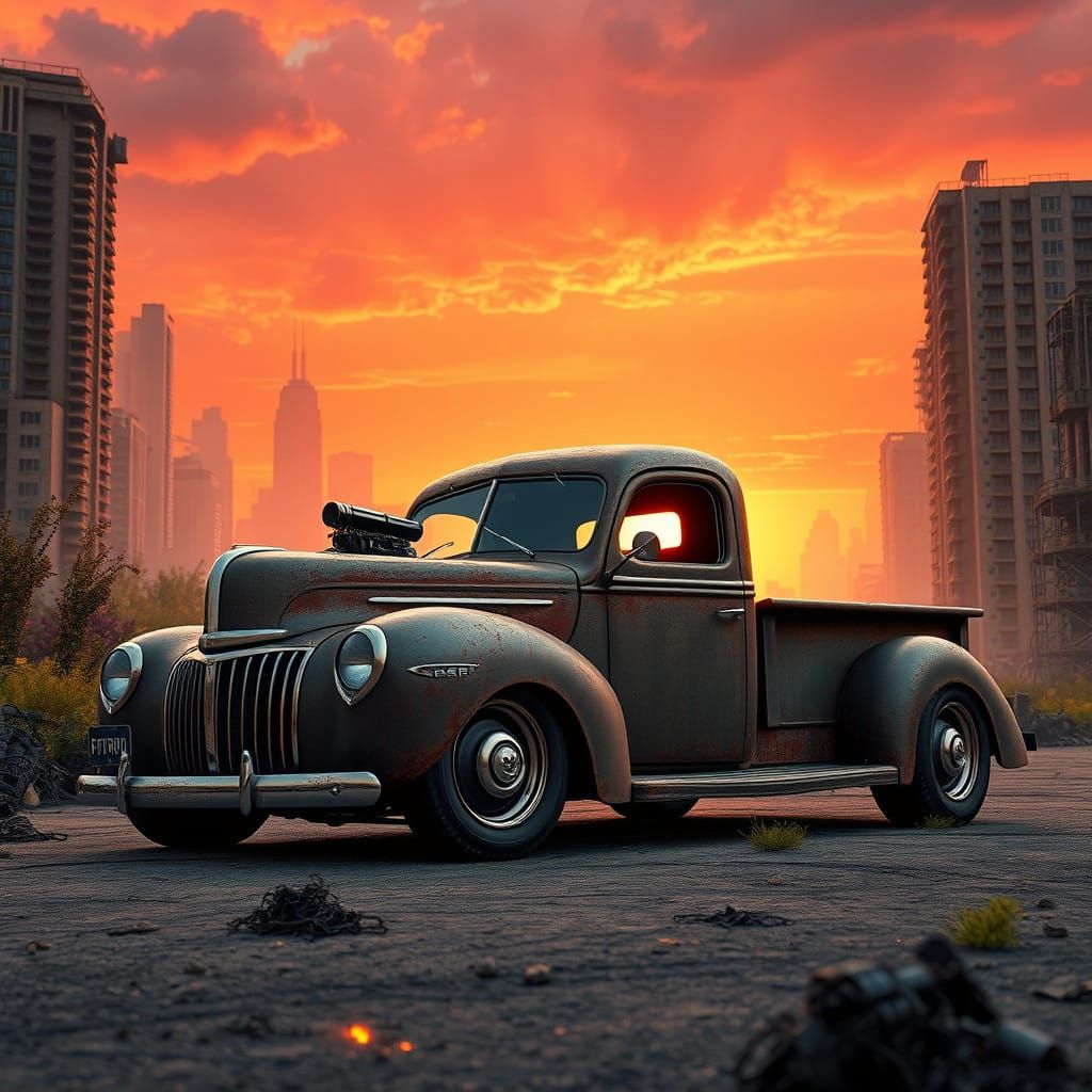 Post-Apocalyptic Ford Rat Rod in Deserted Cityscap... - AI Art