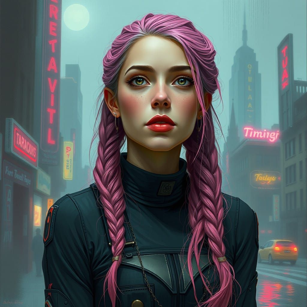 portrait, (timeless cyberpunk enchantress:1.3), pink braids, (vintage ...