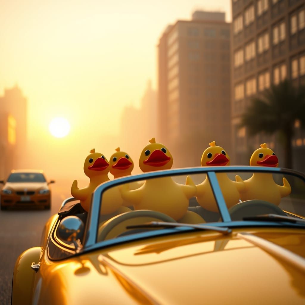 Vibrant Rubber Ducks Speed Through a Golden Hour C... - AI Art