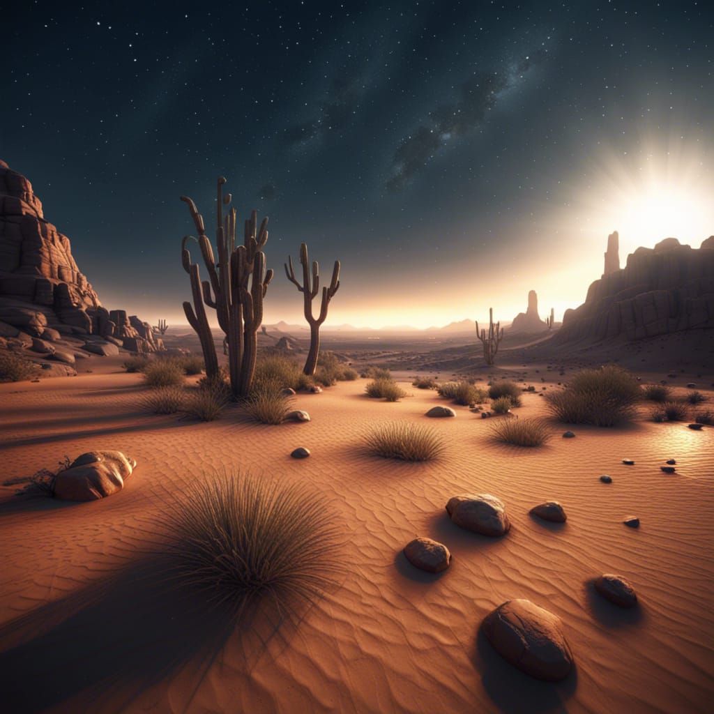 A desolate desert under a star-filled sky, captured with a wide-angle ...