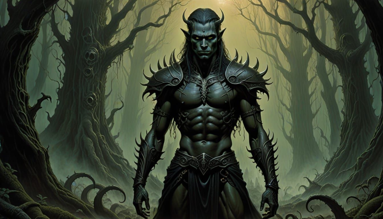 Tall, Brooding Drow Elf with Tentacles in Enchante... - AI Art