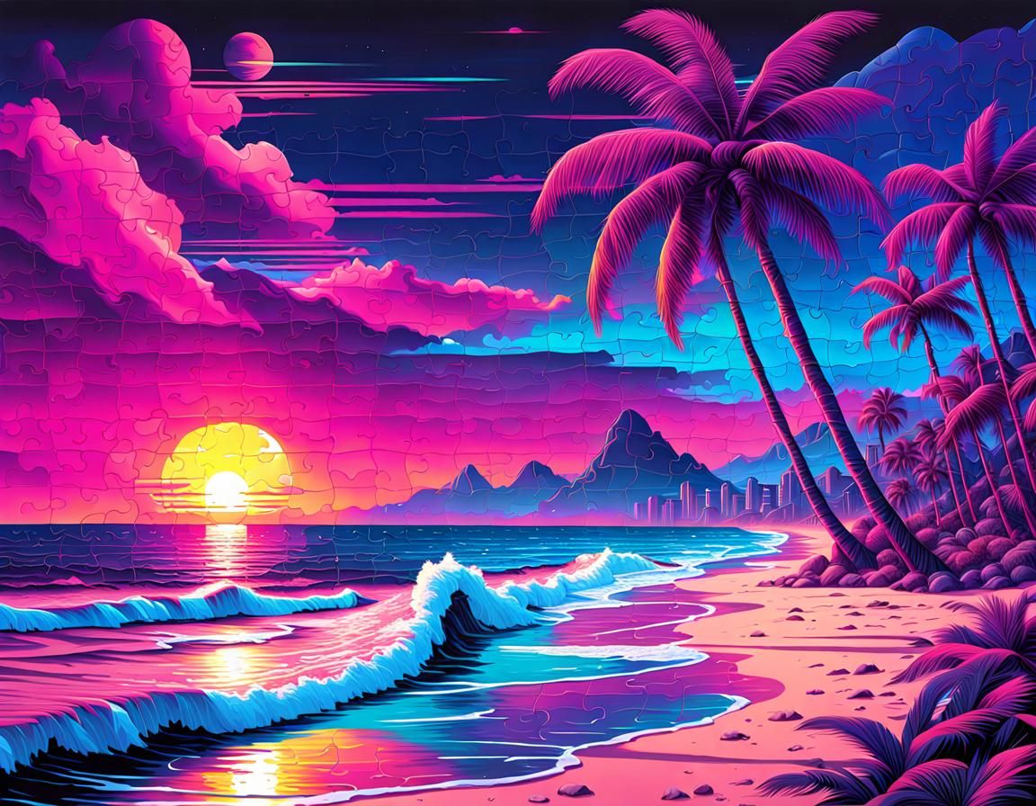 500 Piece Puzzle version of a Synthwave beach - AI Generated Artwork ...