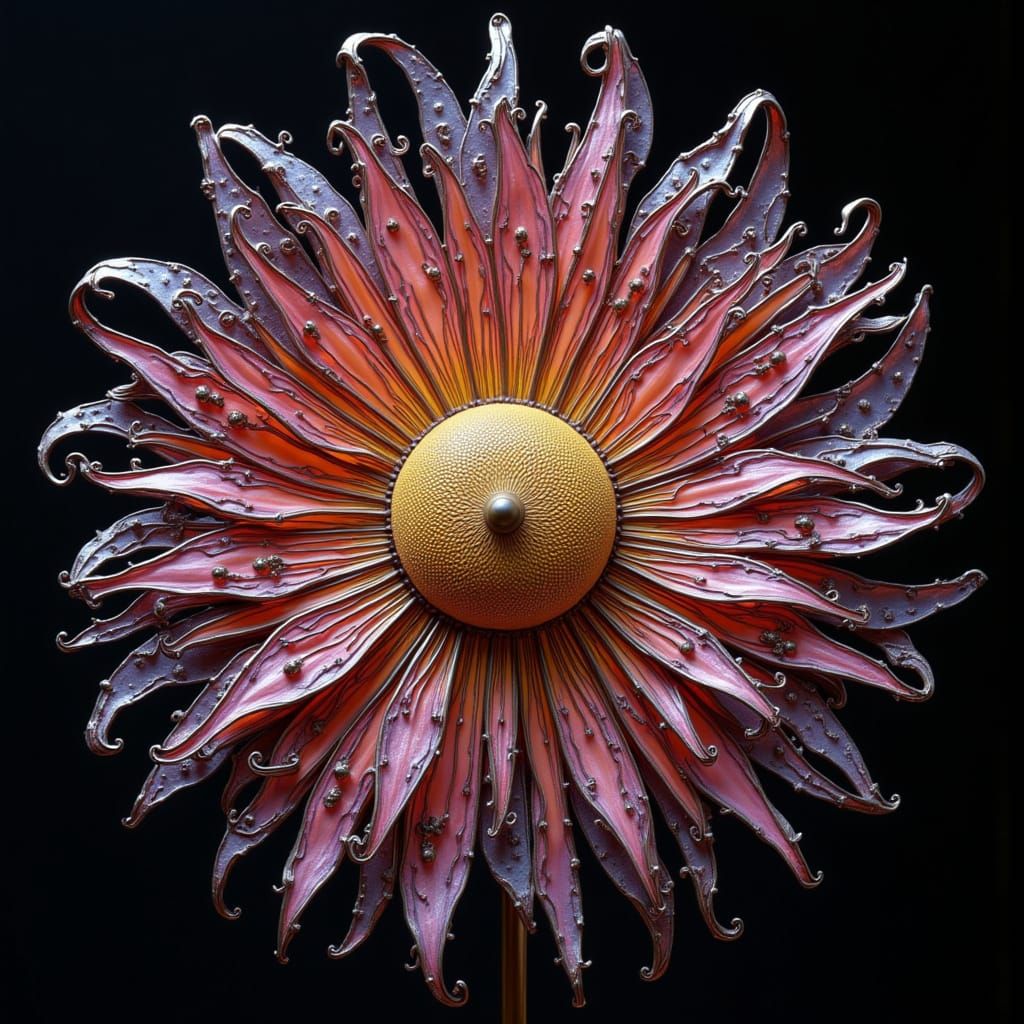 Gass and metal sculpture glass Aster flower. The background is purple ...