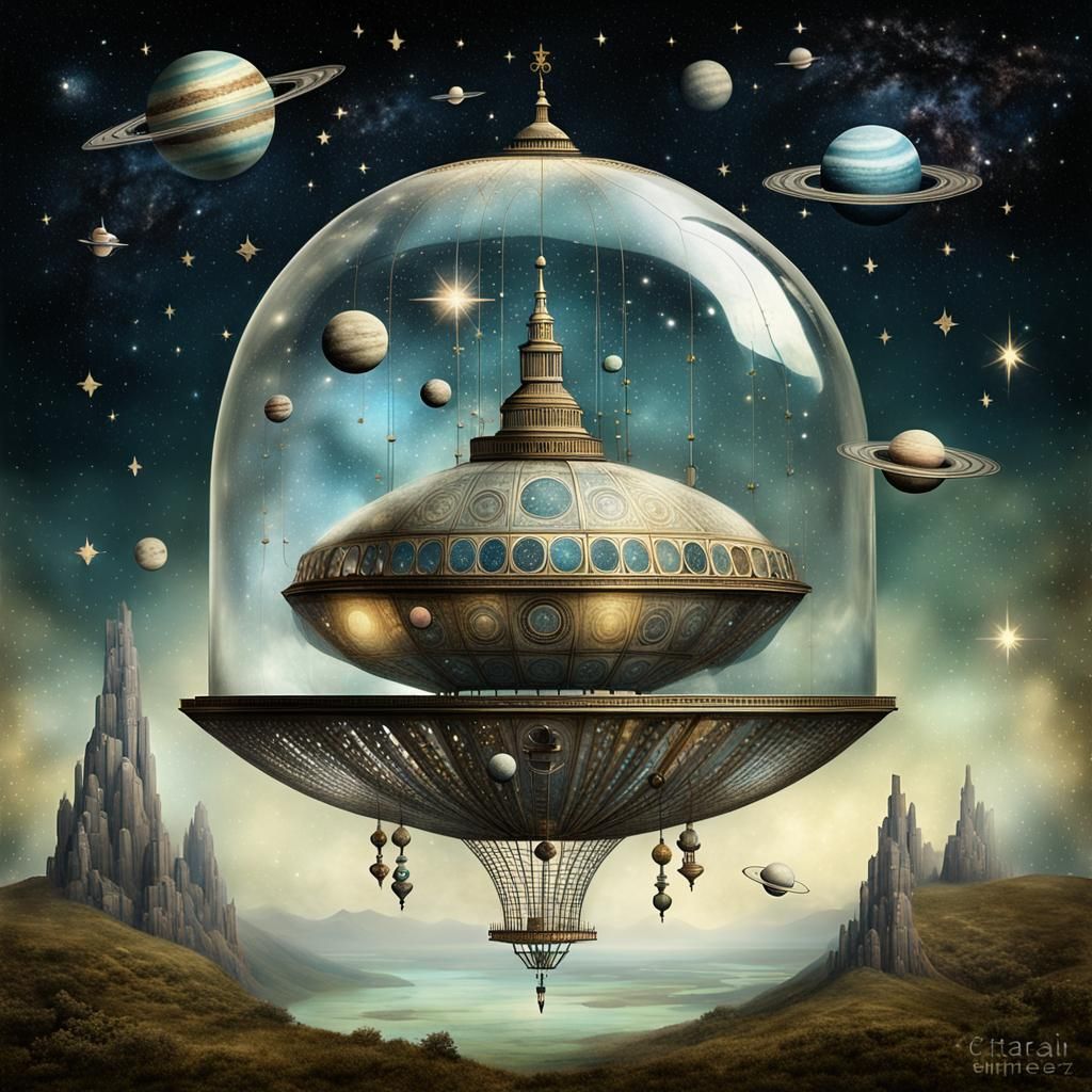 the magical spaceship flying around stars and planets under a glass ...