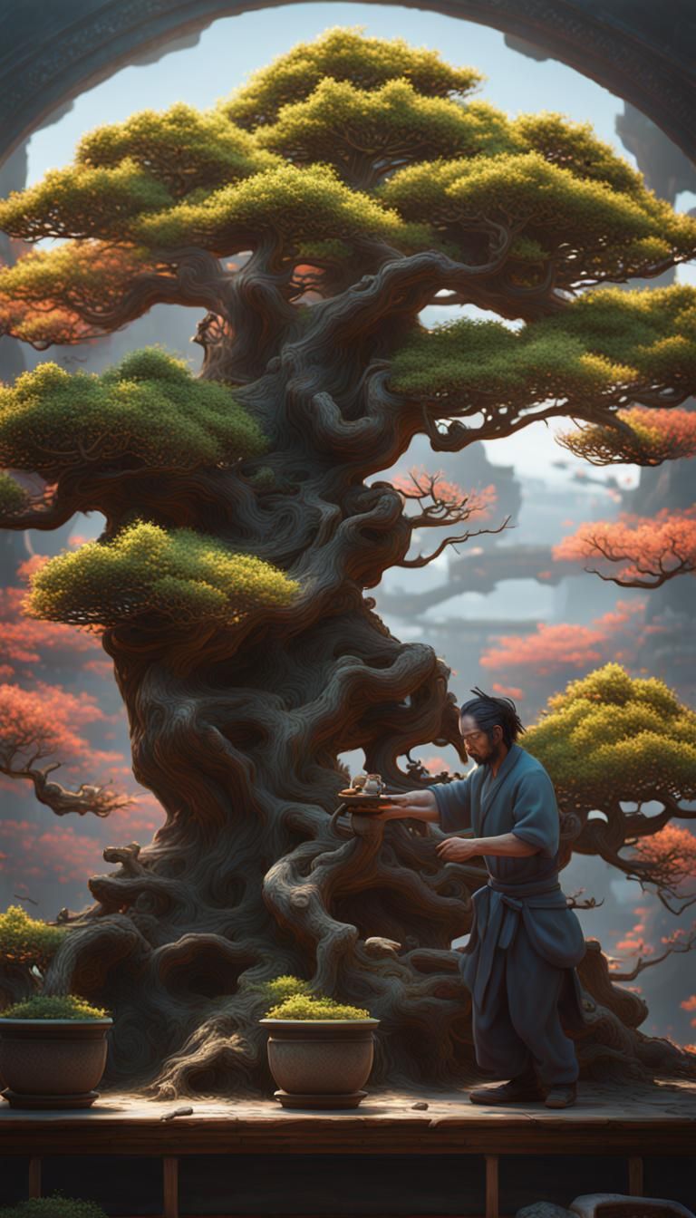 man taking care of is bonsai. - AI Generated Artwork - NightCafe Creator