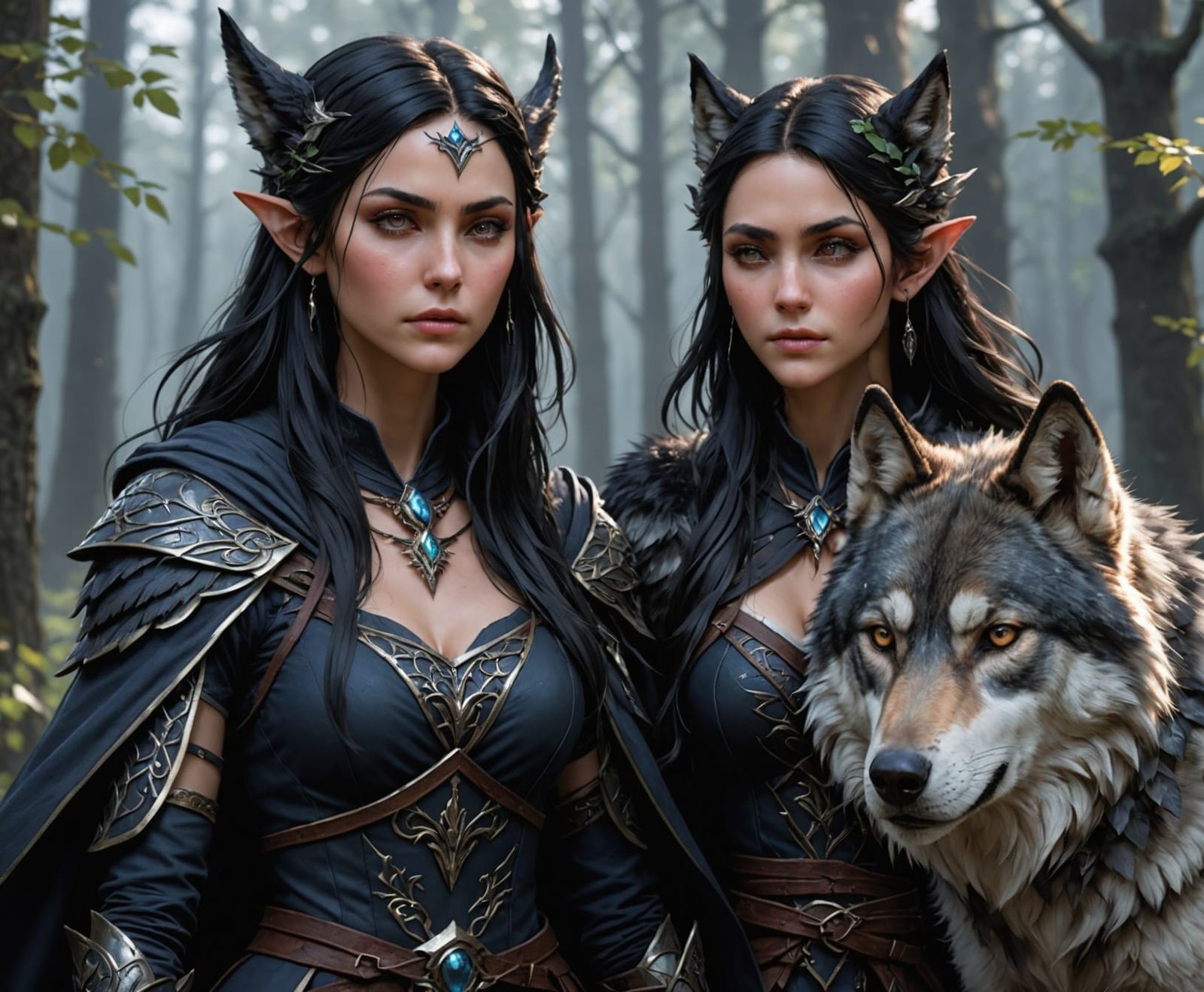Elven maidens with a wolf companion
