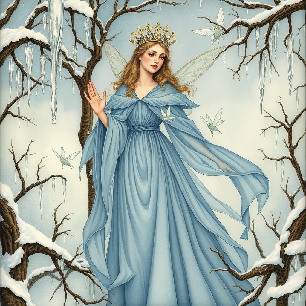 Ethereal Winter Fairy Queen in Whimsical Snowy For... - AI Art