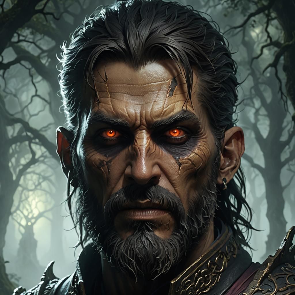 High Fantasy epic evil male undead warlock, grotesque, full beard ...