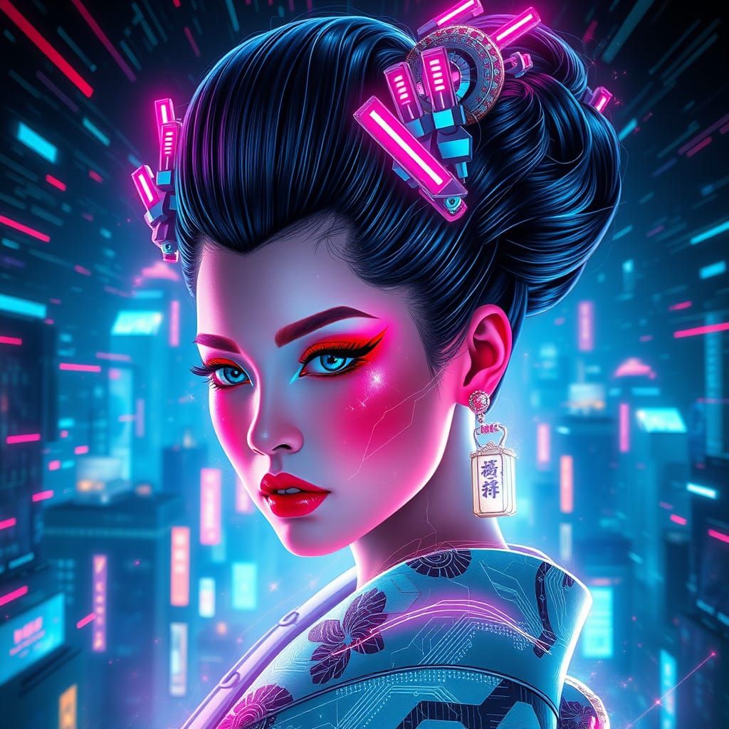 Stunning Cyberpunk Geisha with Neon Hair and Futur... - AI Art