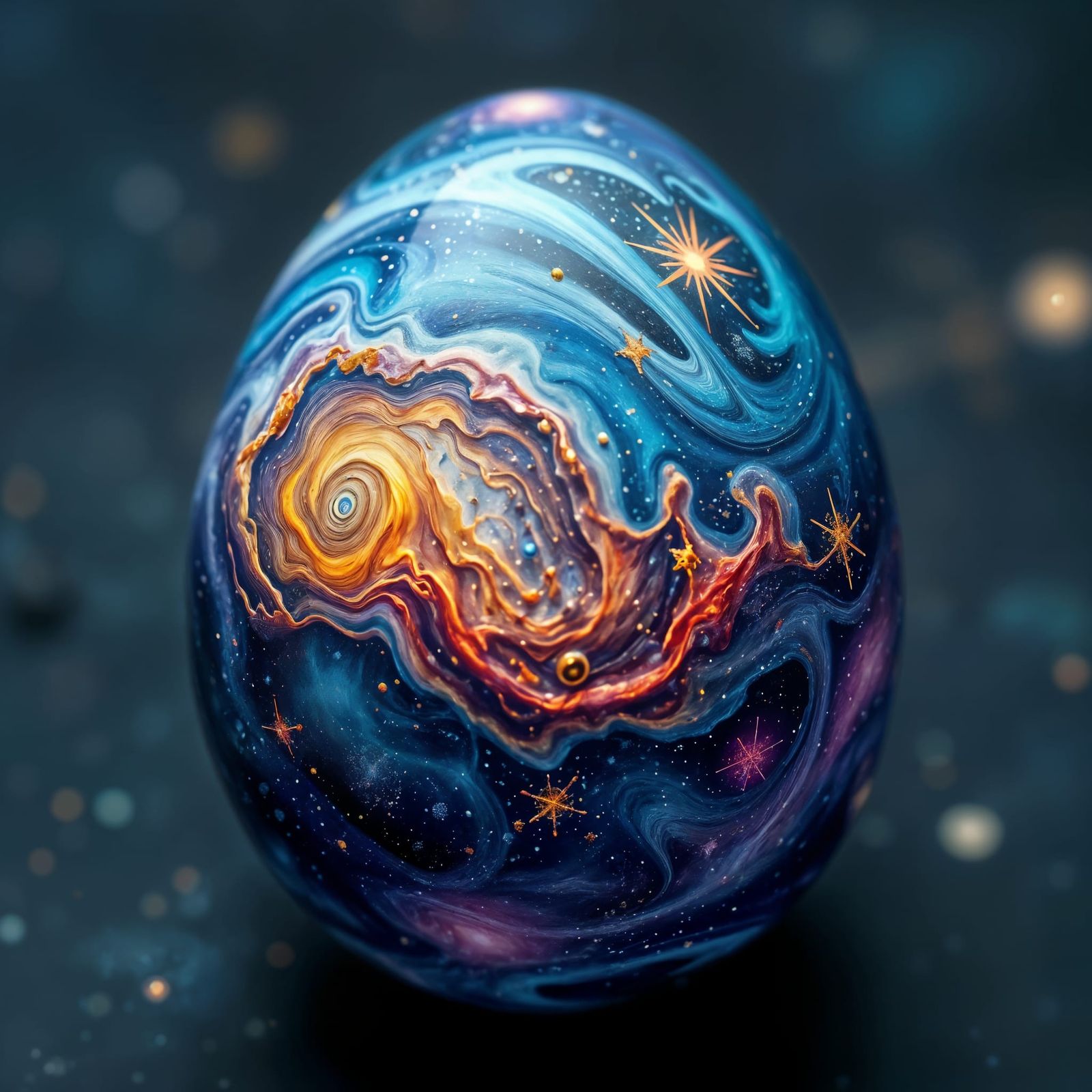 An egg designed to resemble a miniature universe, with swirling ...