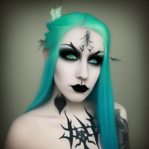 Gothic young lady with blue hair& green eyes& gothic makeup& porcelain ...