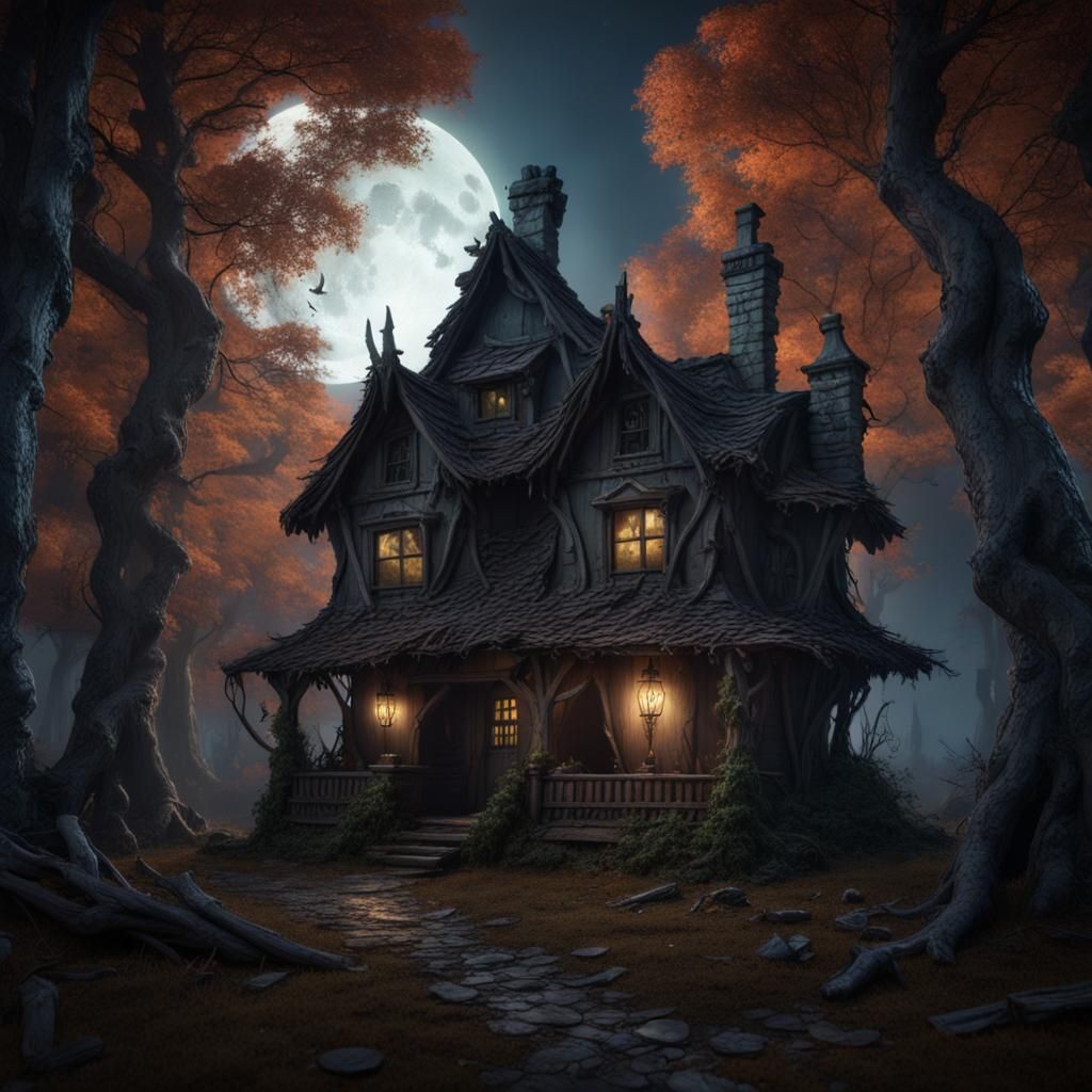 A scary Witches Cottage in a Haunted Forest , Full moon , insane ...