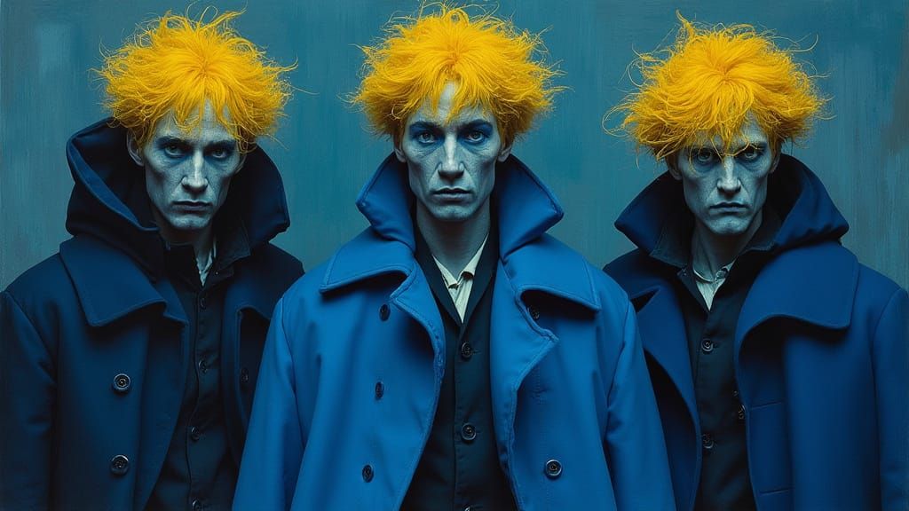 Three Blue Men in Moody Blue Attire with Yellow Wi... - AI Art