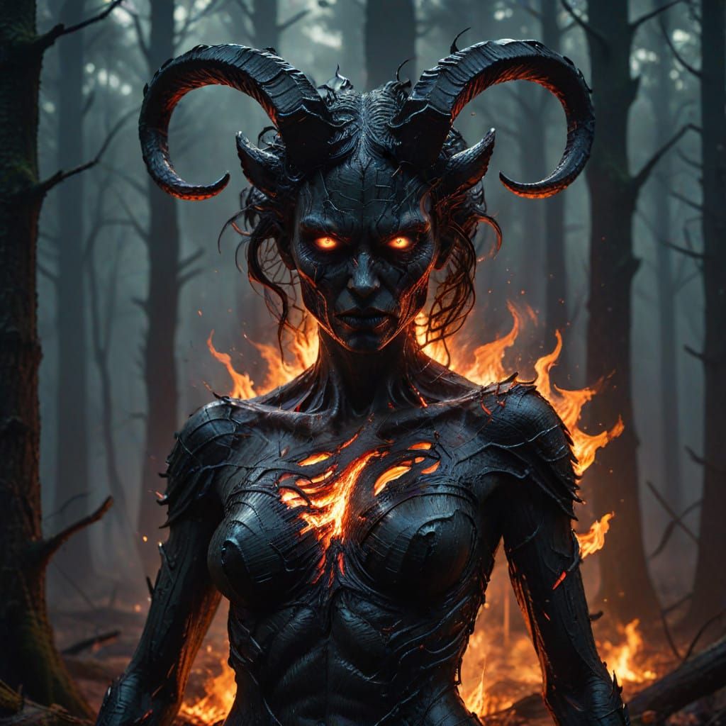 A cinematic, high-contrast photo of a towering, female humanoid demonic ...