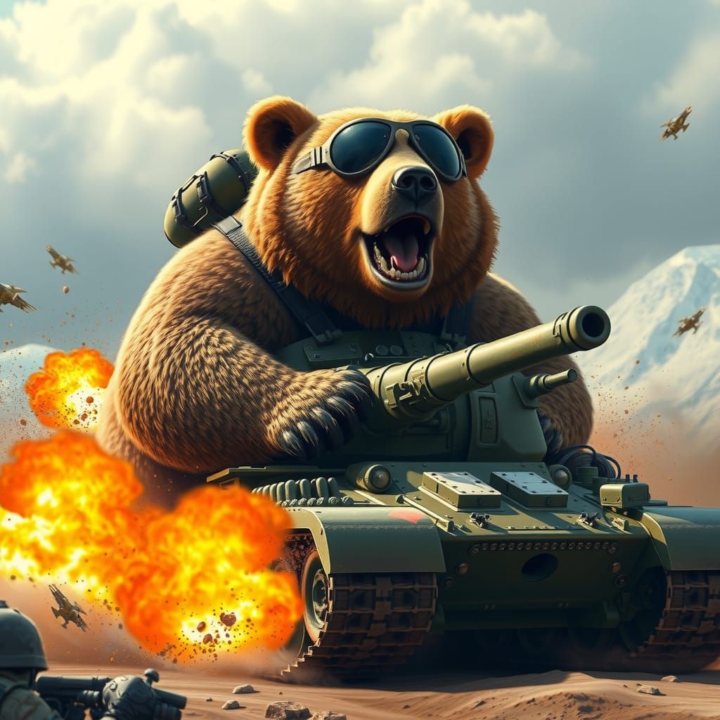Cyberpunk Apocalypse Warrior Bear Commands War Mac... - AI Art