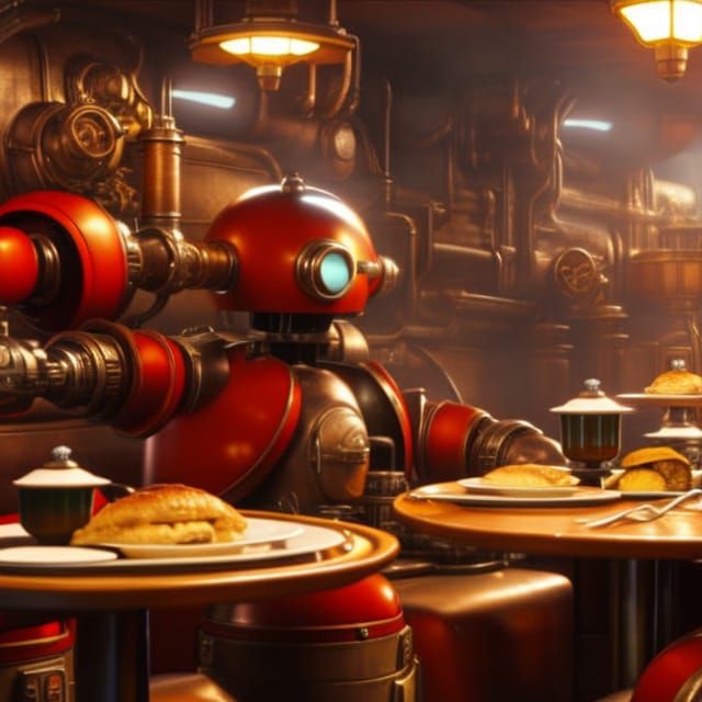 photorealistic National Geographic photo a steampunk robot eating ...