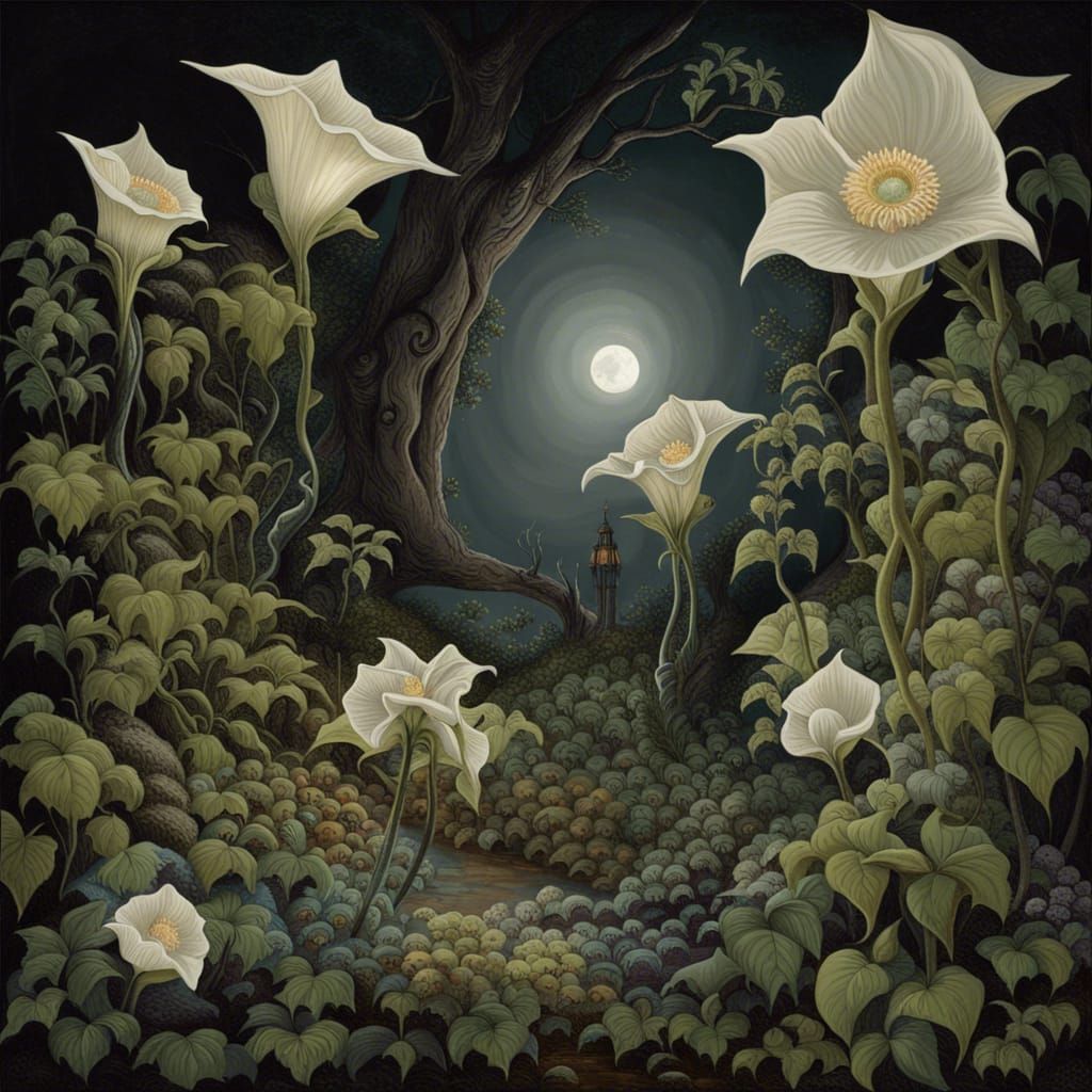 magical forest with moonflowers, mystic trees, ominous large full moon ...