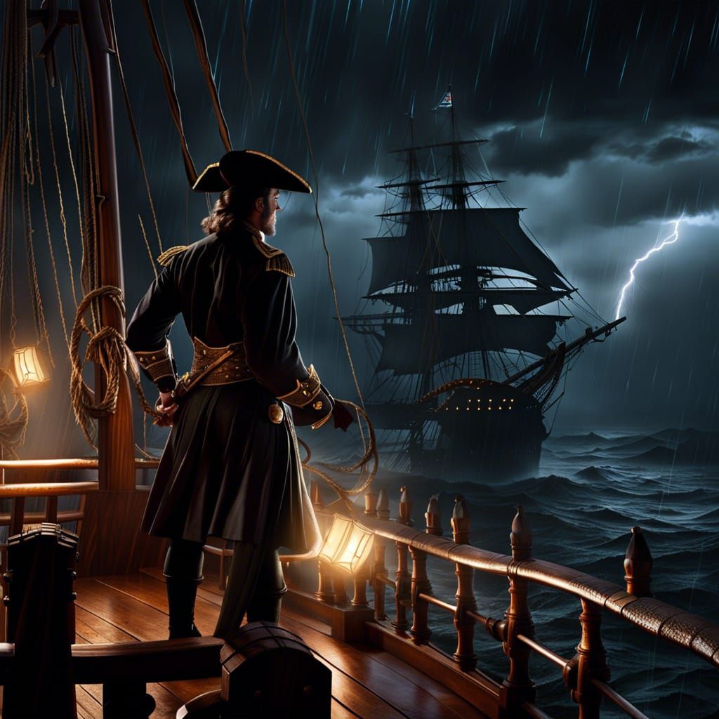 The crackling of lightning illuminates the pirate's silhouette, the ...