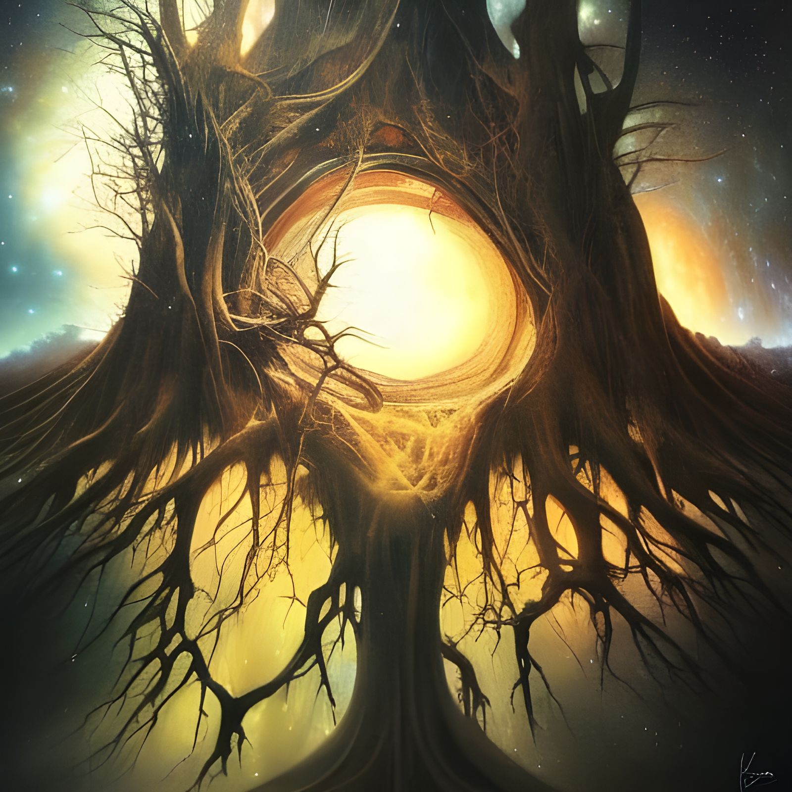 huge tree with big roots melting into the full of planets and stars ...
