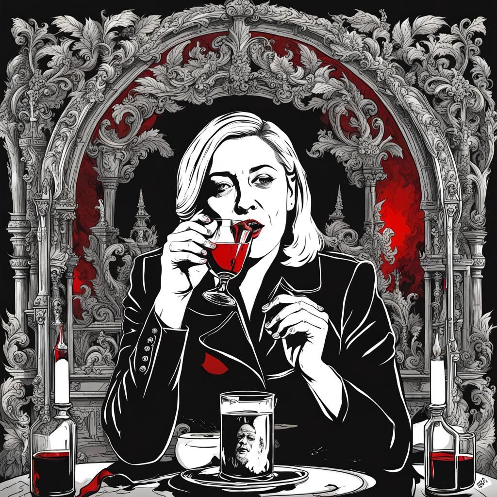 A portrait of the evil Marine Le Pen drinking blood in hell - AI ...