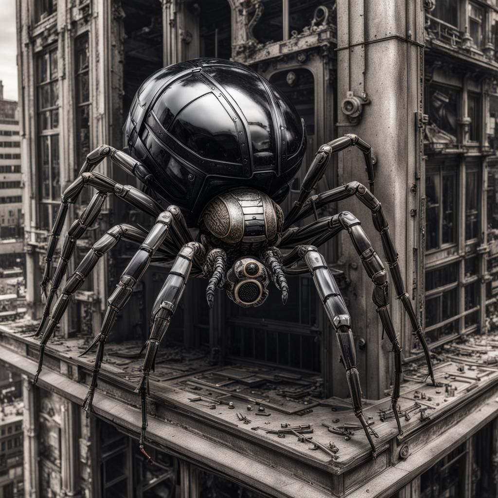 large Robotic black widow spider climbing up a building - AI Generated ...