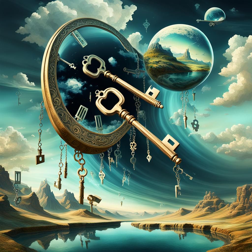 a surreal digital art piece depicting keys floating in a dreamlike ...