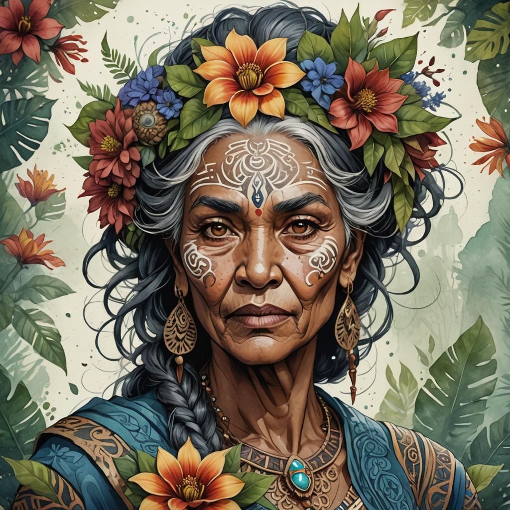 Ethereal Maori Pacifica Matriarch in Vibrant Bloom - AI Art