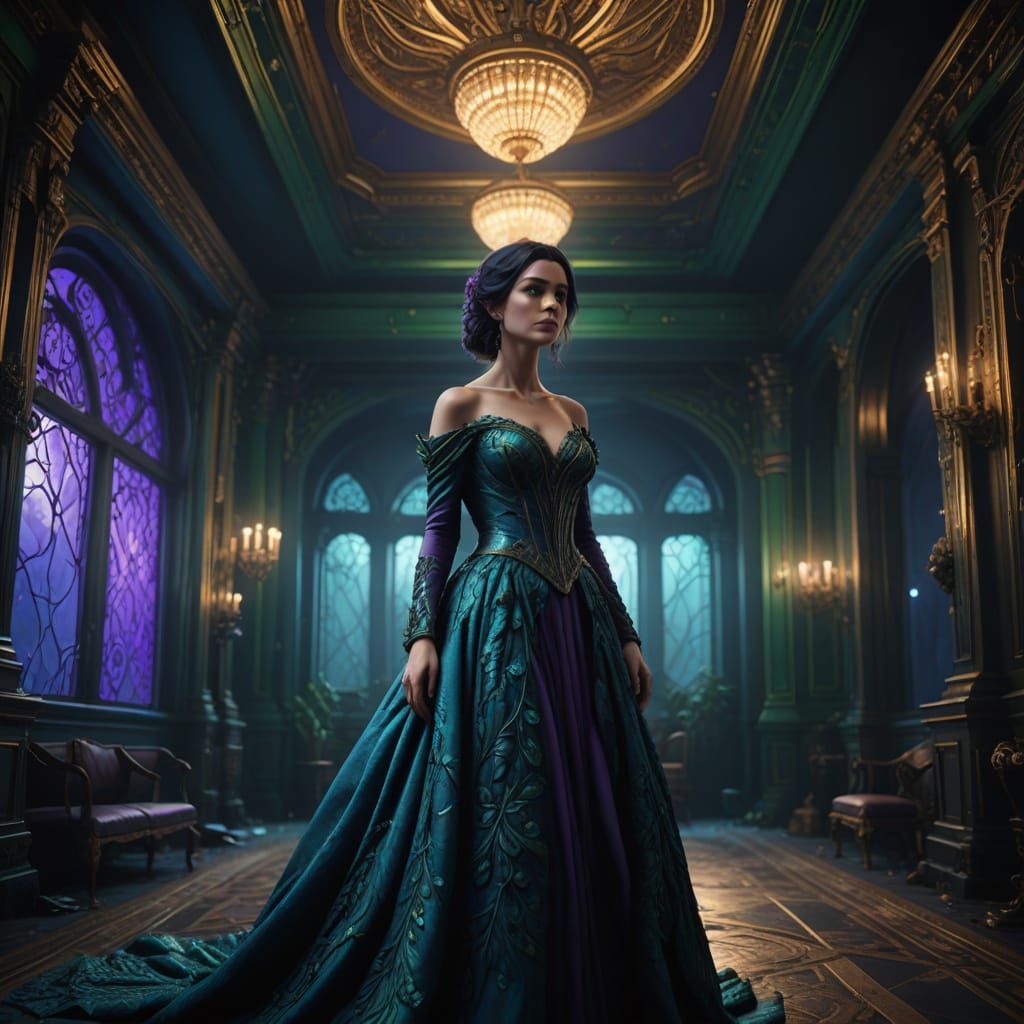 Pale-skinned beauty with raven tresses cascades into a lavish ballroom ...