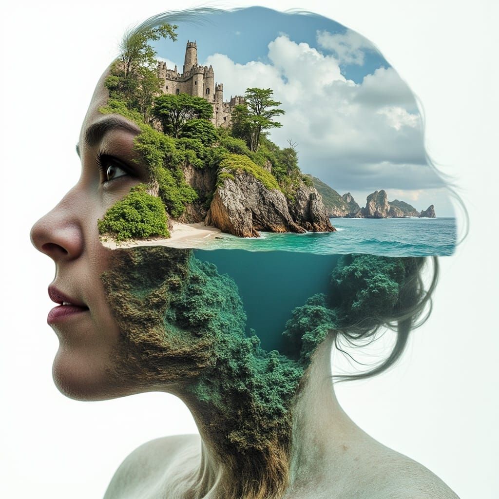 Detailed Illusionary concept art of Inside the head of a Woman Landscape of the mindscape ...