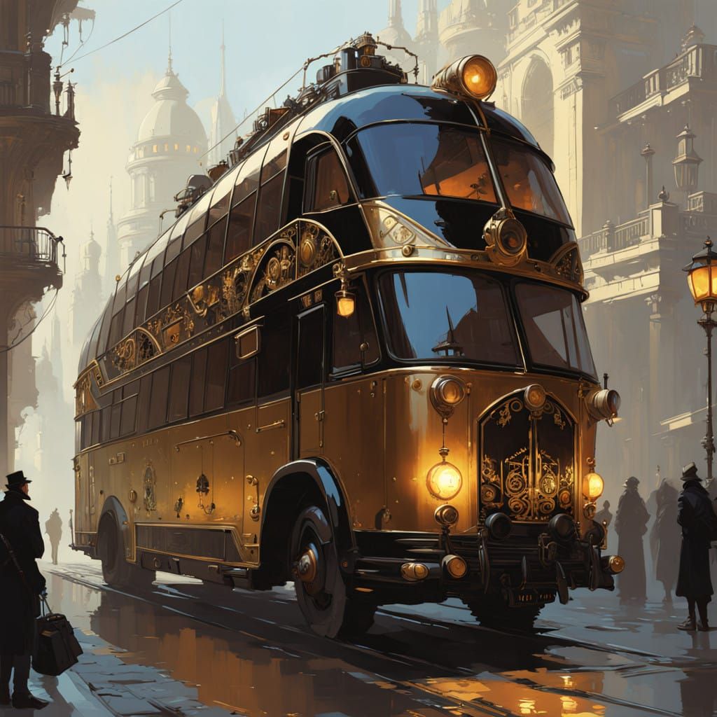 Gleaming gold and black steampunk tour bus, intricate gears and cogs ...