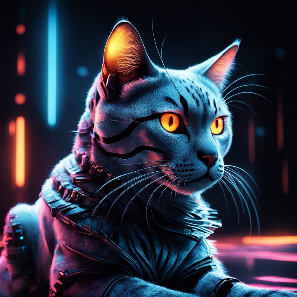 Futuristic Robot Cat Confronts a Haunting Ghost in... - AI Art