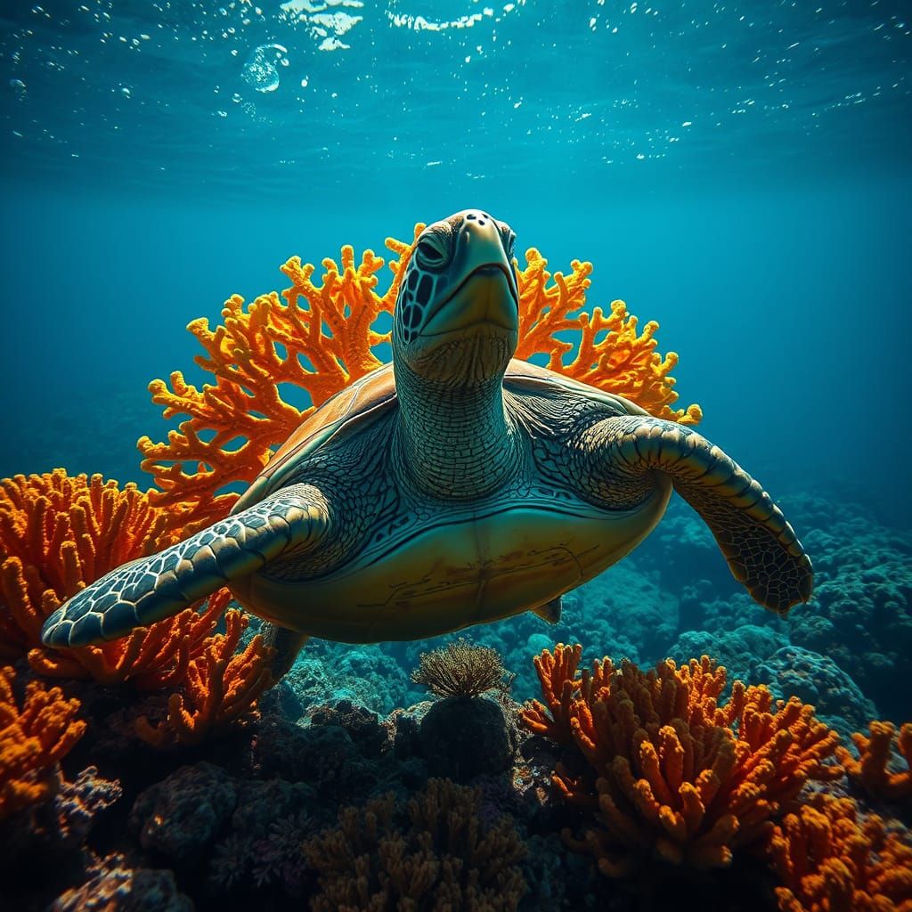 Ethereal Turtle Rises from Vibrant Golden Coral Re... - AI Art