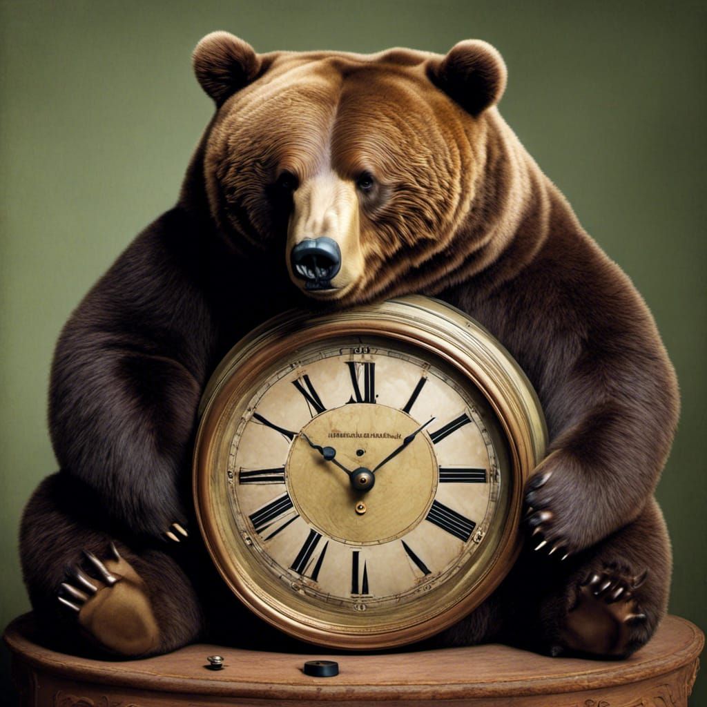 Photograph Portrait of A SAD fuzzy, Obese Bear; looking DOWN at a CLOCK ...
