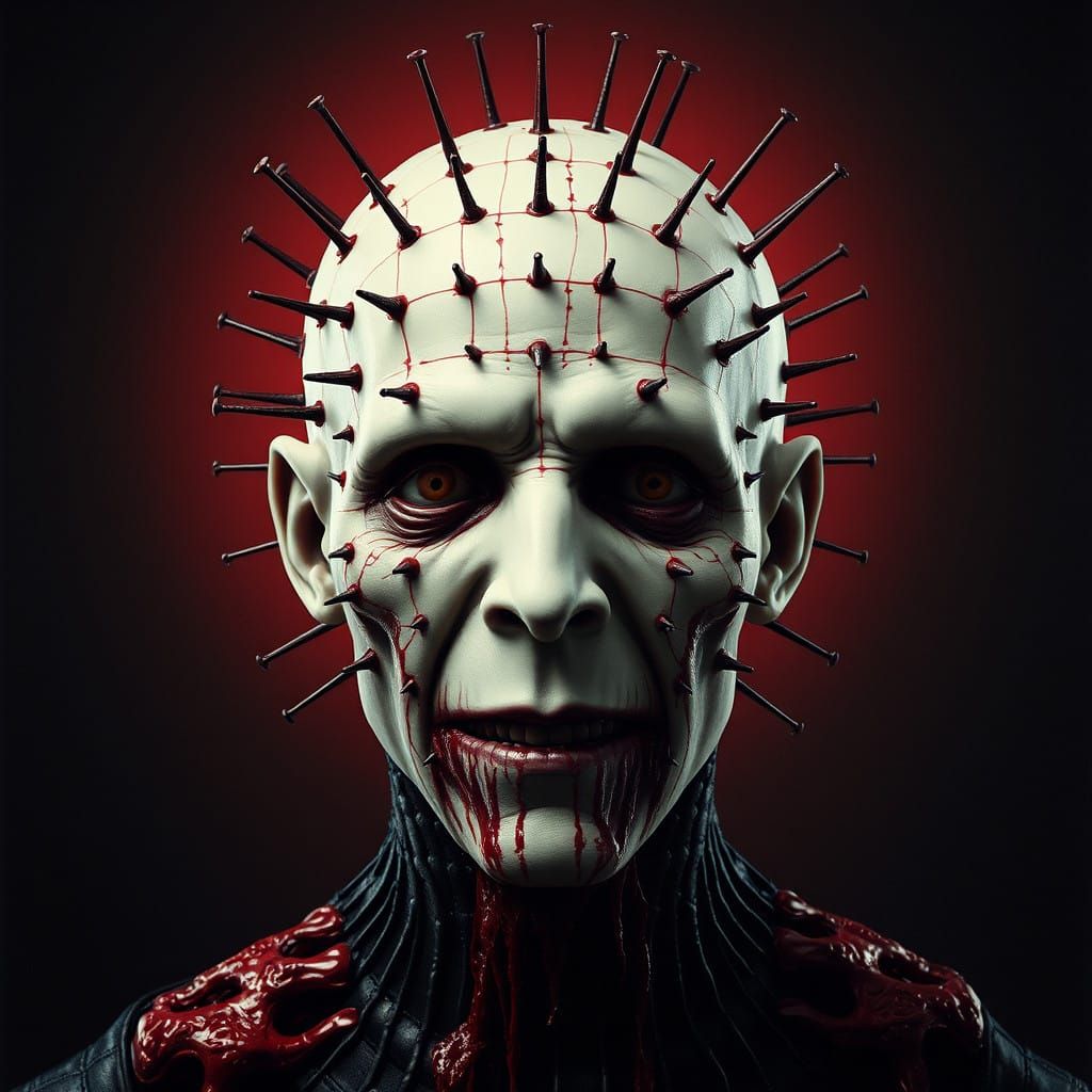 Bald Pinhead with Nails Stuck in His Head in a Hal... - AI Art