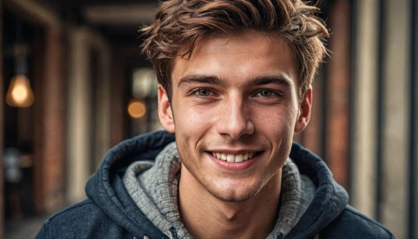 A smiling youthful male model's portrait. intricate details, HDR ...
